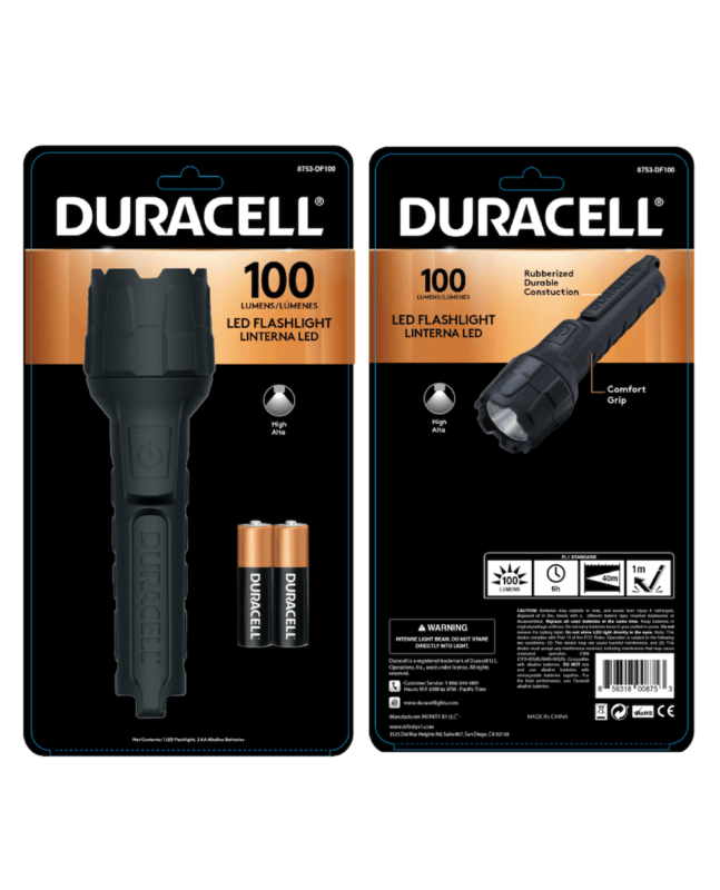Linterna de Caucho de Alta Resistencia Duracell LED de 100 Lúmenes ...